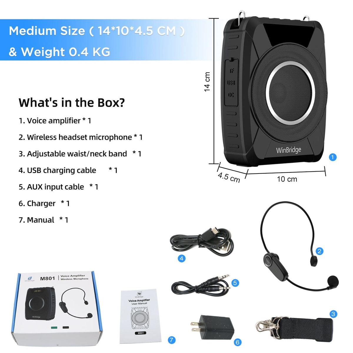 WinBridge M801 20W Voice Amplifier With Wireless Microphone Headset Wa ...